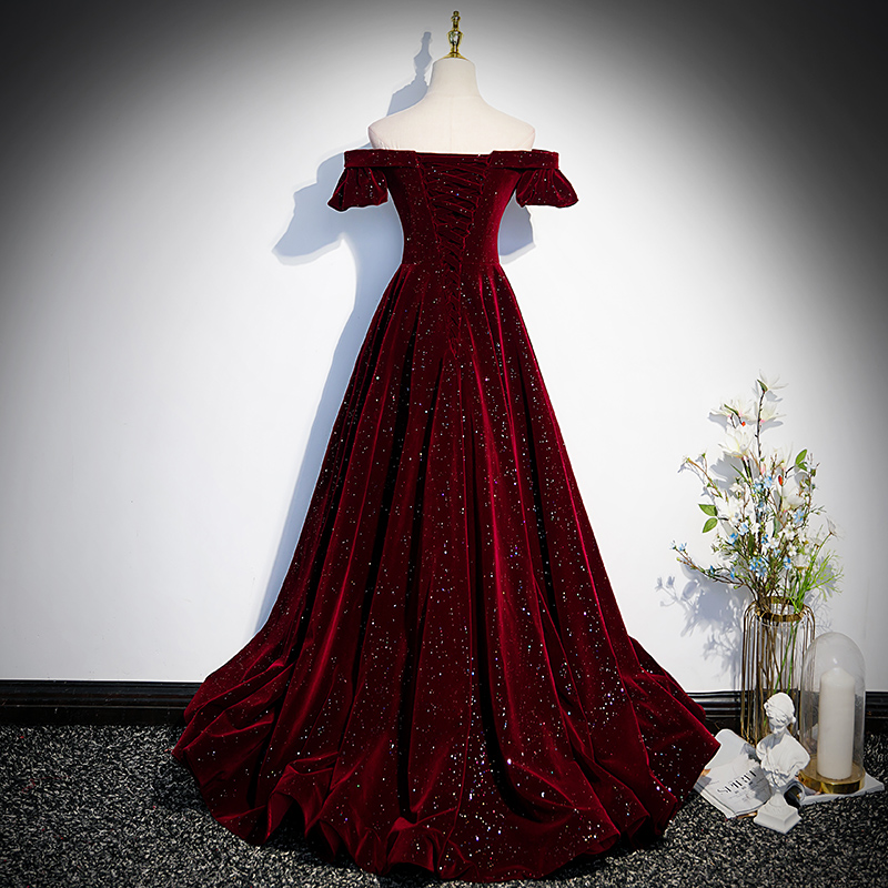 Wine Red Off Shoulder Velvet Long Formal Dress, A-line Velvet Wedding ...