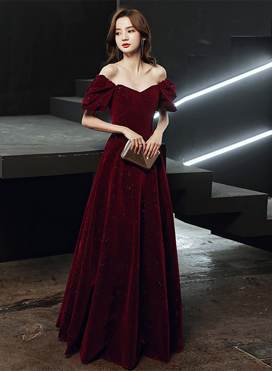 Dark Red Velvet Long Party Dress, Off Shoulder A-line Long Prom Dress ...
