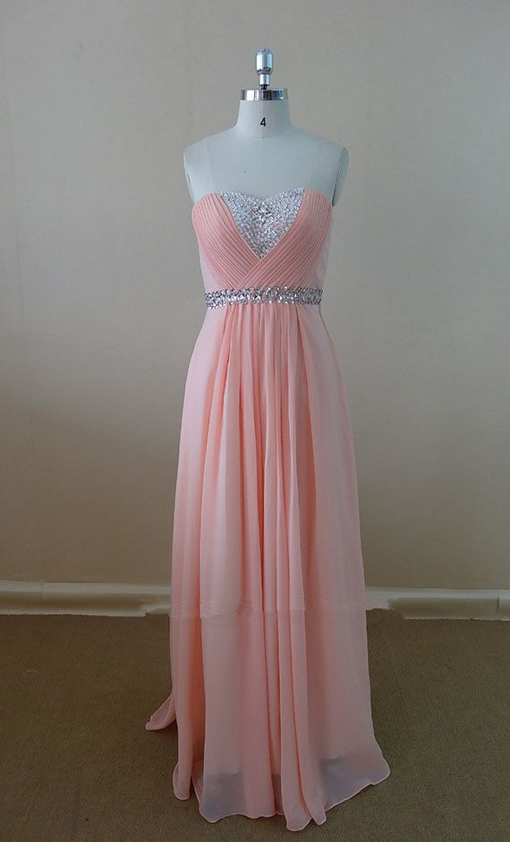 Delicate Sweetheart Pink Chiffon Long Prom Dresses 2015 With Beadings ...