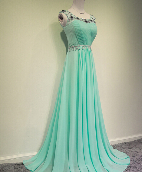 Pretty Mint Chiffon Long Handmade Prom Dresses 2015 With Beadings, Mint ...