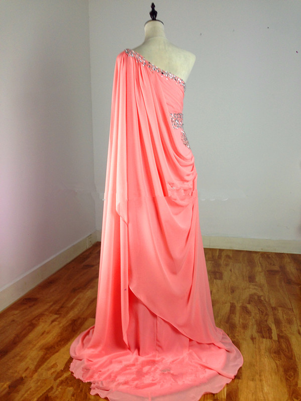 Pretty Handmade Croal One Shoulder Bridesmaid Dresses With Beadings